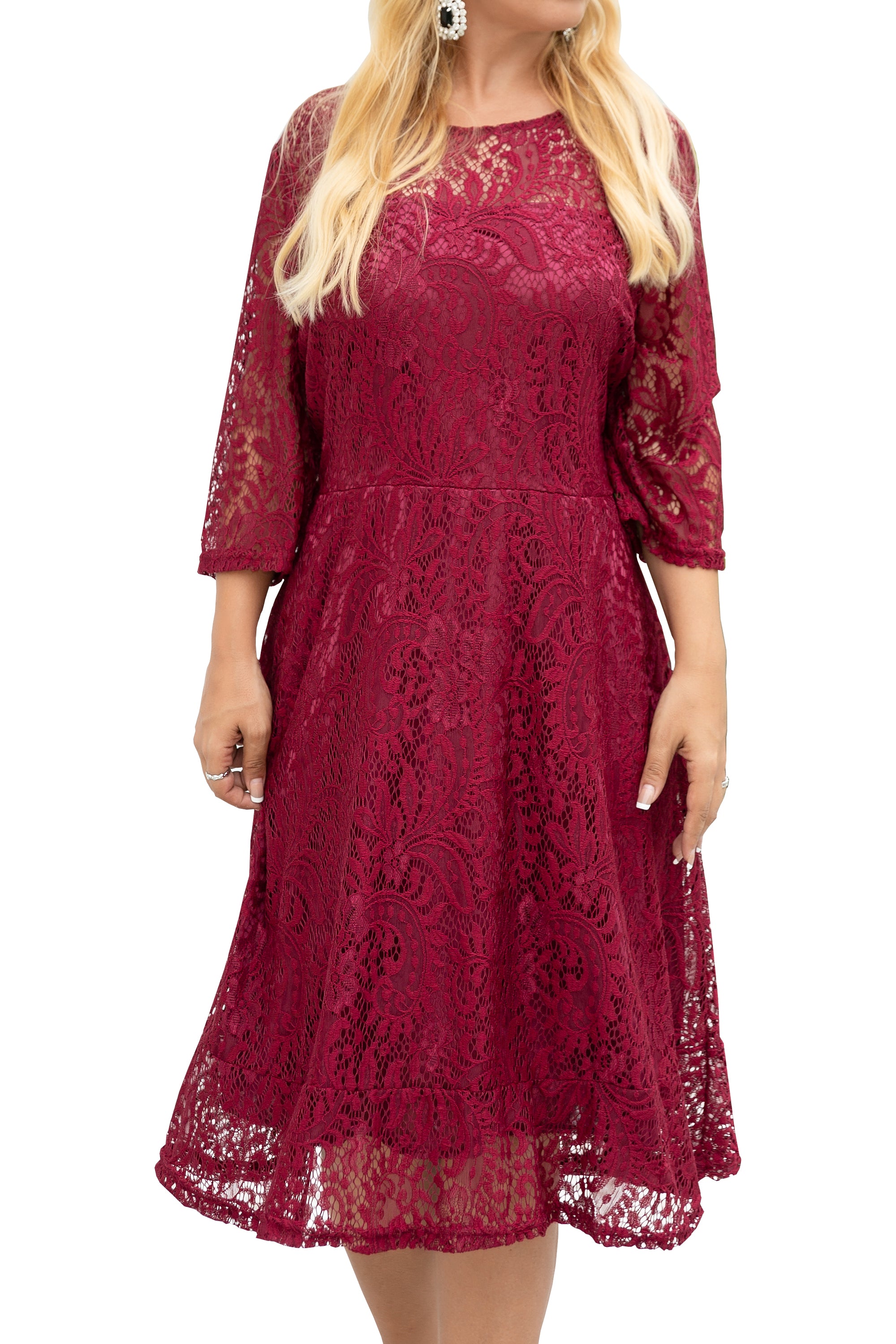 Curve Muse Women's Plus Size Floral Lace 3/4 Sleeve Round Neck Dress